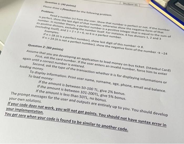Solved Student ID: Question 1: (40 points) Please draw a | Chegg.com