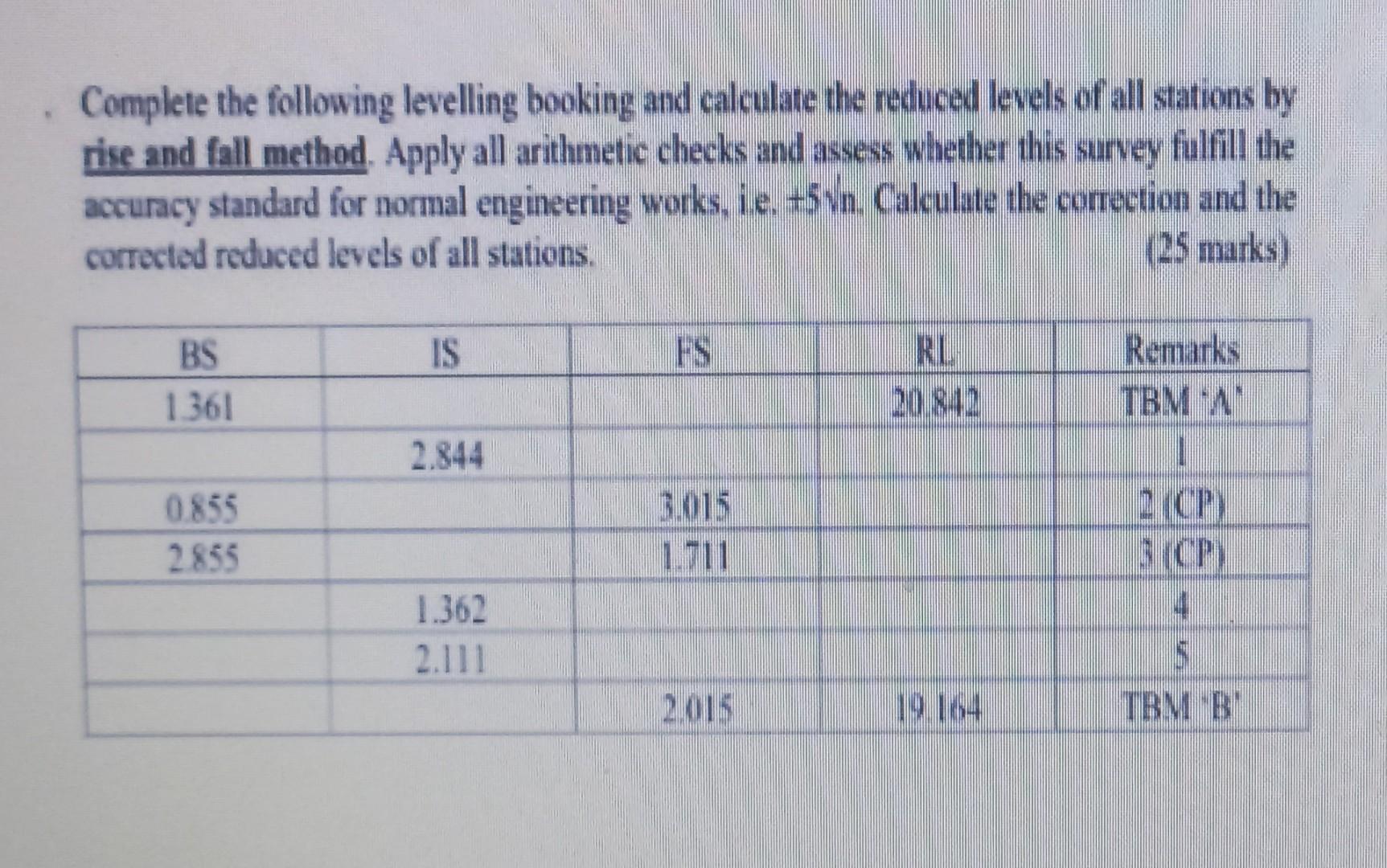 Solved Complete the following levelling booking and | Chegg.com
