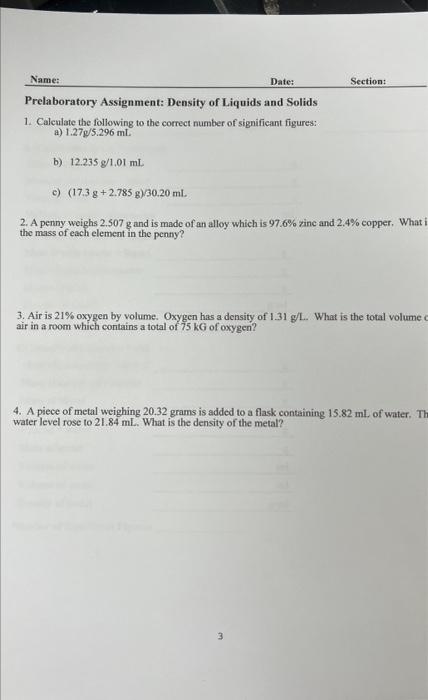 Solved Prelaboratory Assignment: Density of Liquids and | Chegg.com