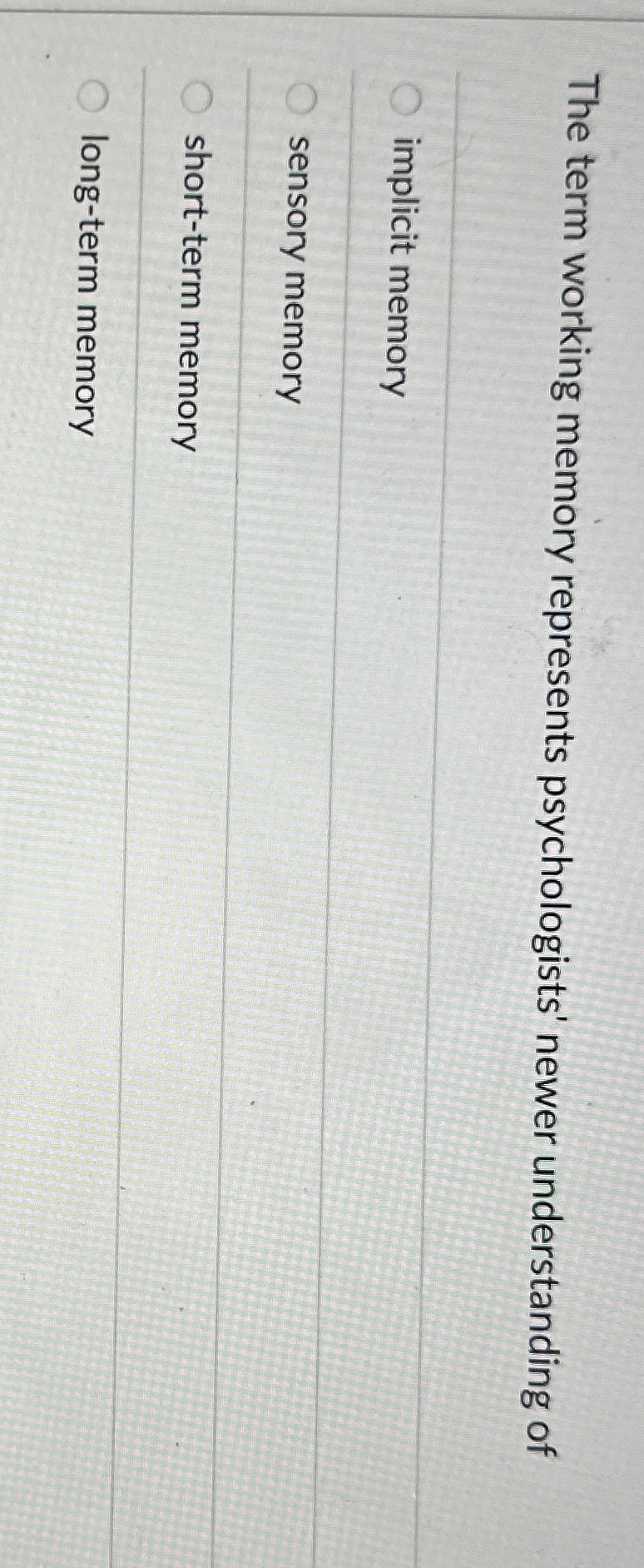 Solved The term working memory represents psychologists' | Chegg.com