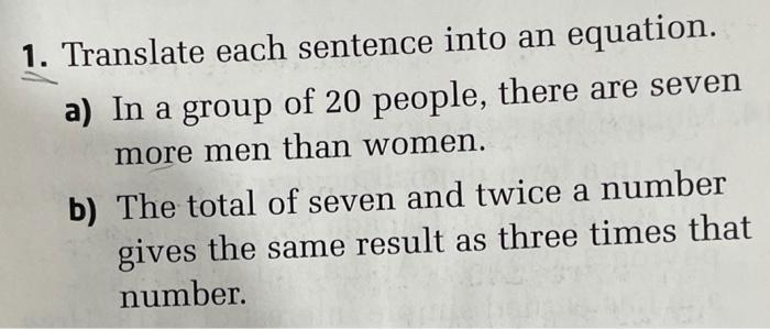 Solved 1. Translate each sentence into an equation. a) In a | Chegg.com