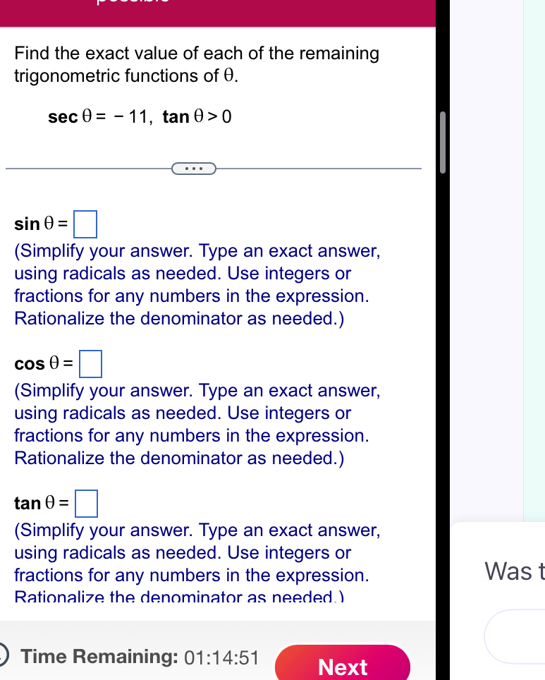 Solved Find the exact value of each of the remaining | Chegg.com