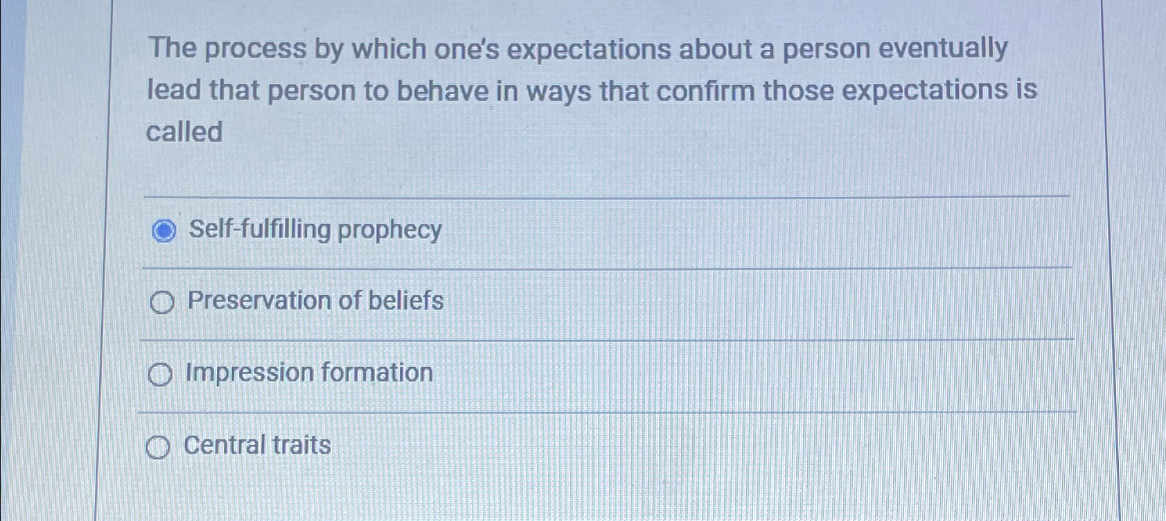 Solved The process by which one's expectations about a | Chegg.com