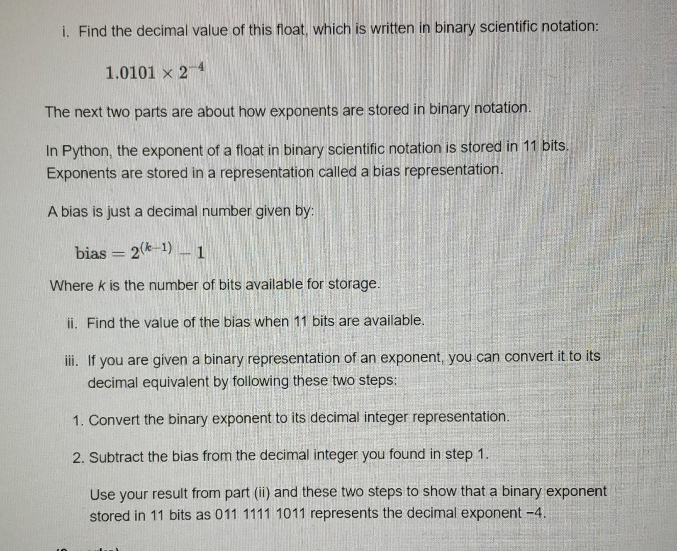 Solved i. Find the decimal value of this float, which is | Chegg.com