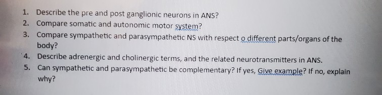 Solved 1. Describe the pre and post ganglionic neurons in | Chegg.com