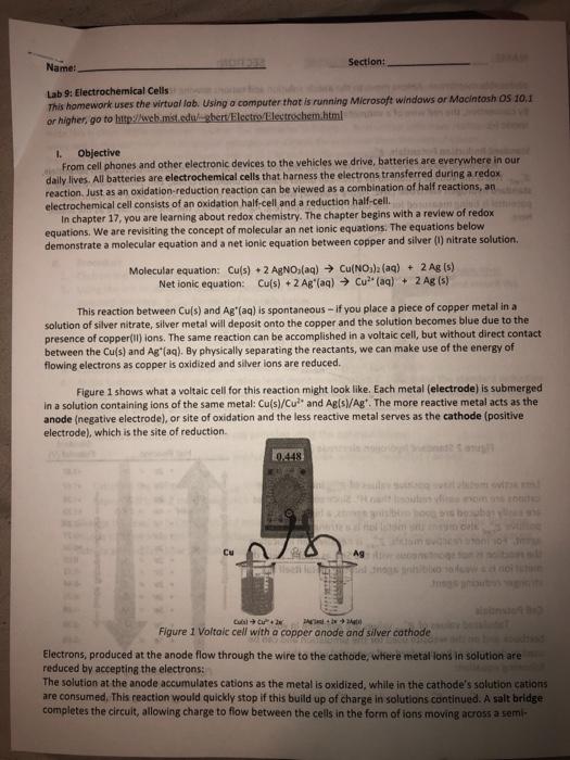 Solved Name: Section: Lab 9: Electrochemical Cells This | Chegg.com