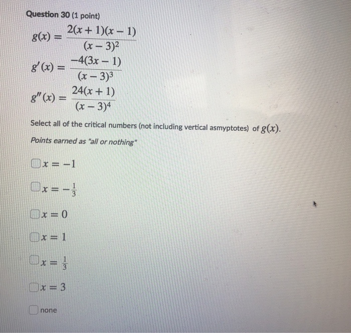Solved Question 30 (1 point) 2(x + 1)(x - 1) g(x) = (x - 3)2 | Chegg.com Solved Question 30 (1 point) 2(x + 1)(x - 1) g(x) = (x - 3)2 | Chegg.com