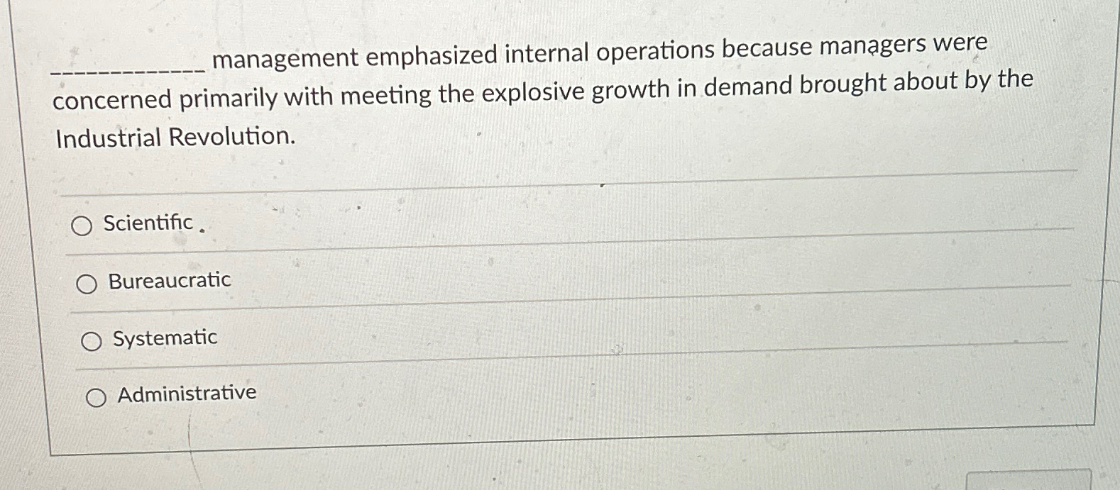 Solved management emphasized internal operations because | Chegg.com