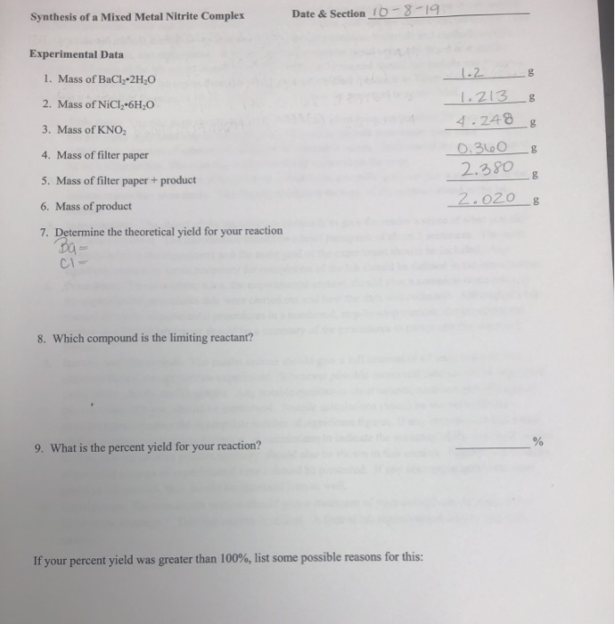 Solved Synthesis of a Mixed Metal Nitrite Complex Date & | Chegg.com