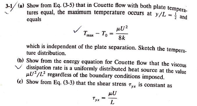 Solved (a) Show from Eq. (3-5) that in Couette flow with | Chegg.com