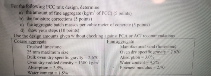 Solved For the following PCC mix design, determine a) the | Chegg.com