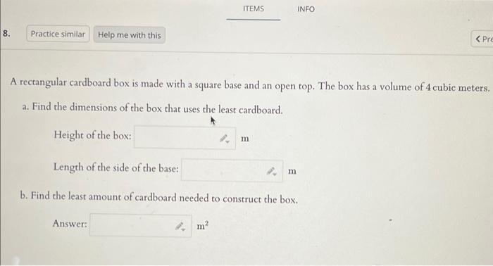Solved A rectangular cardboard box is made with a square | Chegg.com