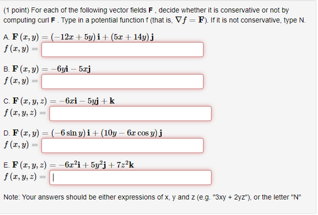 Solved (1 ﻿point) ﻿For each of the following vector fields | Chegg.com