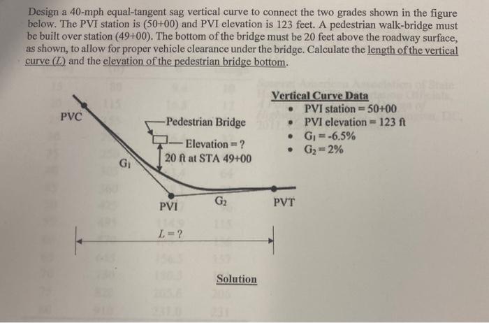 Solved Design a 40-mph equal-tangent sag vertical curve to | Chegg.com