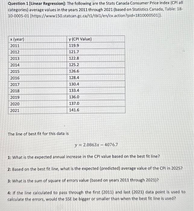 Solved Question 1 [Linear Regression]: The following are the | Chegg.com