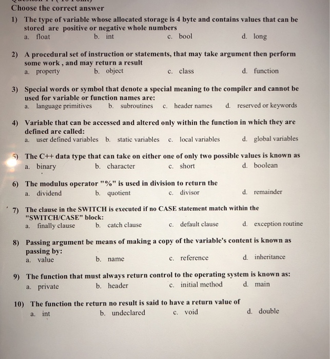 Solved Choose The Correct Answer 1 The Type Of Variable Chegg