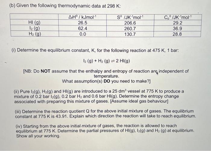 Solved (b) Given the following thermodynamic data at 298 K : | Chegg.com