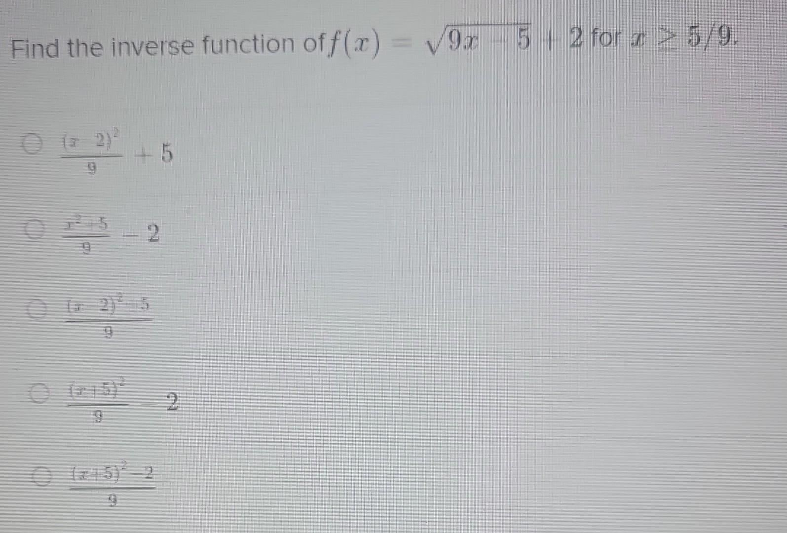 Solved Find the inverse function of f(x)=9x−5+2 for x≥5/9. | Chegg.com