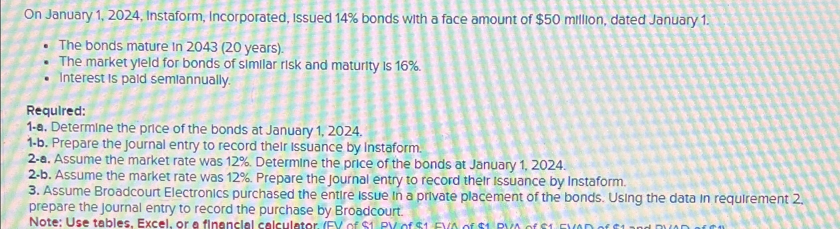 Solved On January 1, 2024, ﻿Instaform, Incorporated, Issued | Chegg.com
