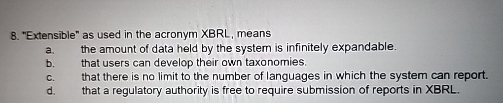 Solved "Extensible" as used in the acronym XBRL, ﻿meansa. | Chegg.com