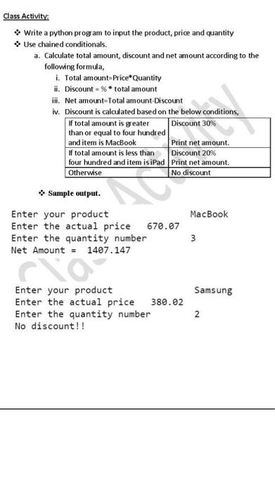 Solved Class Activity: • Write a python program to input the | Chegg.com