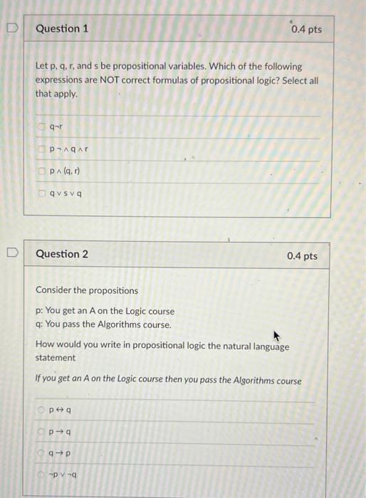 Solved Let P Q R And S Be Propositional Variables Which Of