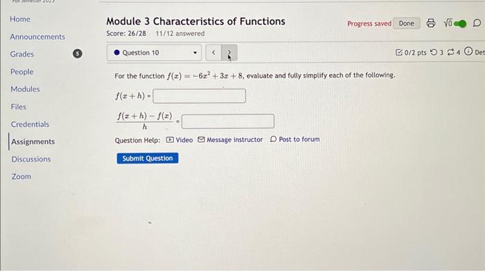Solved Module 3 Characteristics Of Functions Progress Saved