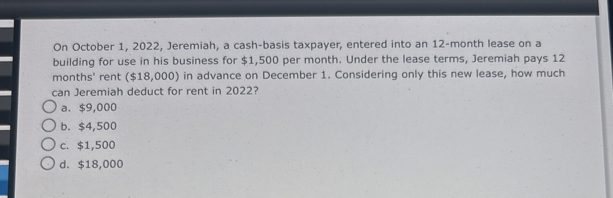 Solved On October 1, 2022, ﻿Jeremiah, a cash-basis taxpayer, | Chegg.com