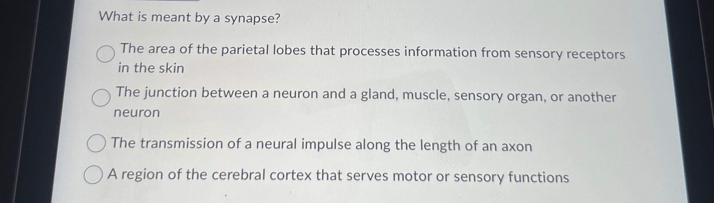 Solved What is meant by a synapse?The area of the parietal | Chegg.com