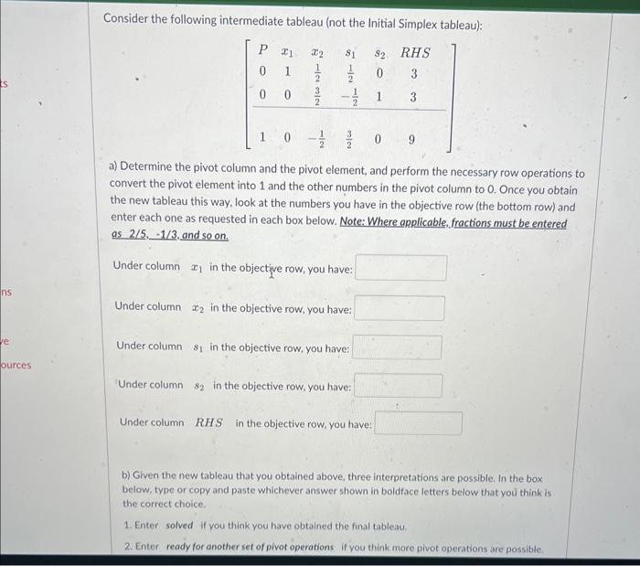 Solved Consider the following intermediate tableau (not the | Chegg.com