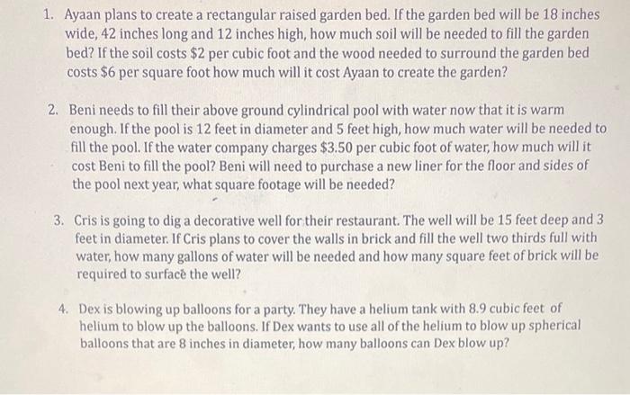 Solved 1. Ayaan plans to create a rectangular raised garden | Chegg.com