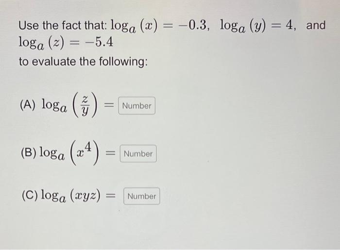 Solved Use the fact that: loga(x)=−0.3,loga(y)=4, and | Chegg.com