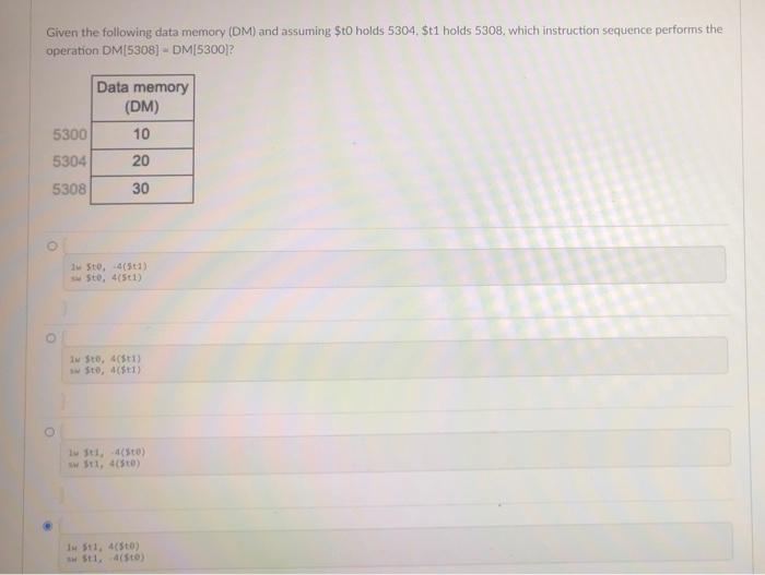 Solved Given the following data memory (DM) and assuming $to | Chegg.com
