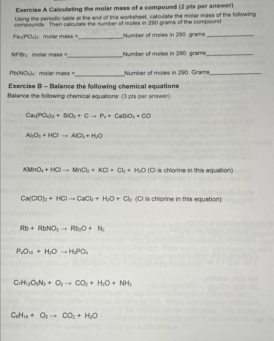 Solved Exercise A Calculating the molar mass of a compound | Chegg.com