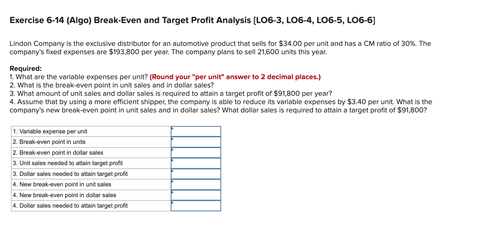 Solved Exercise 6-14 (Algo) ﻿Break-Even and Target Profit | Chegg.com