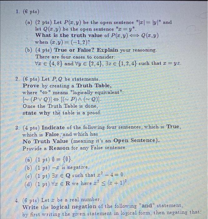 Solved (a) (2 pts) Let P(x,y) be the open sentence "|∣x∣=∣y∣ | Chegg.com
