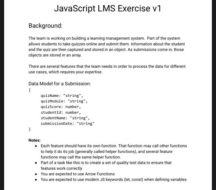 Solved JavaScript LMS Exercise v1 Background: The team is | Chegg.com