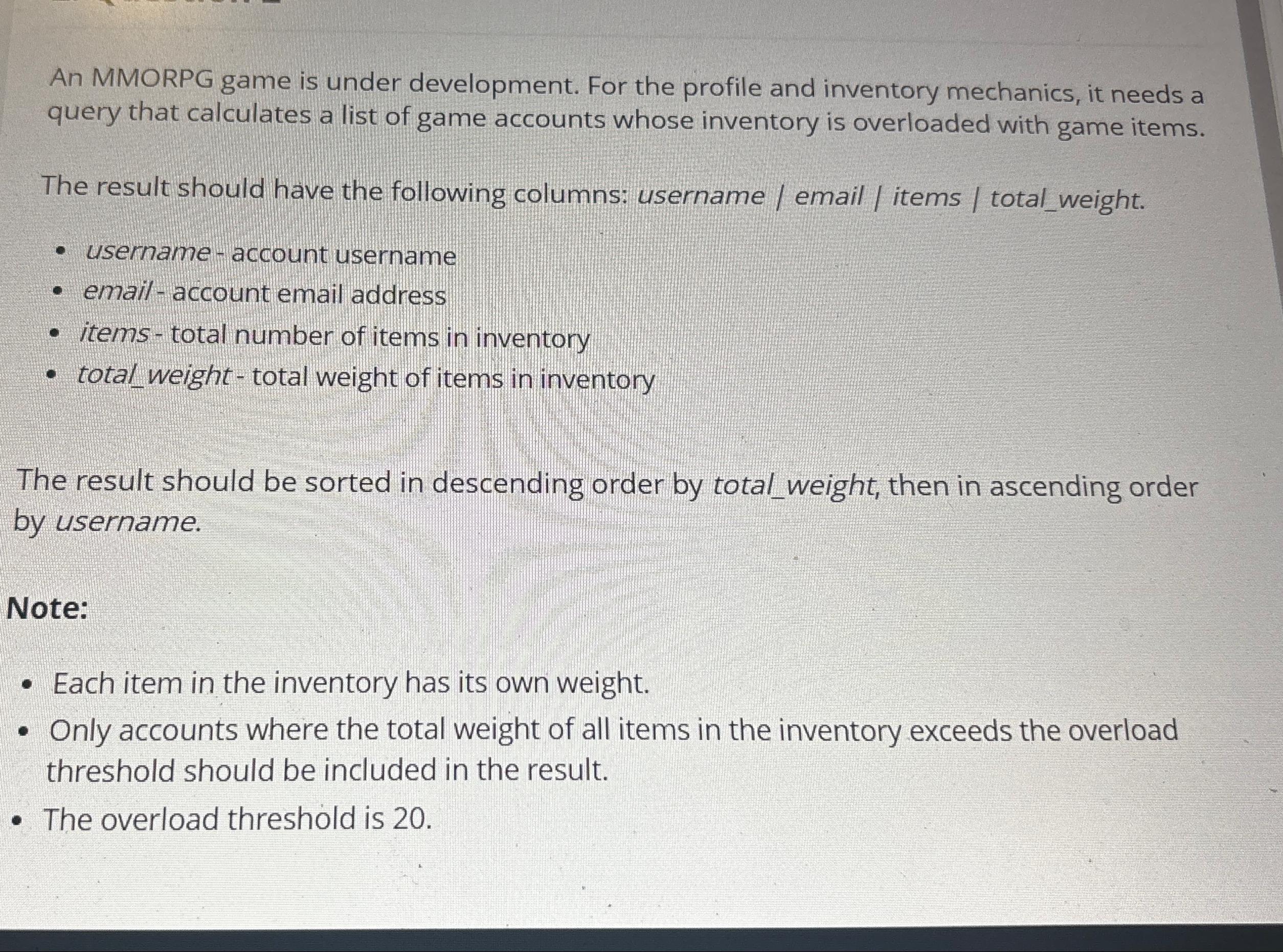 Solved An MMORPG game is under development. For the profile | Chegg.com