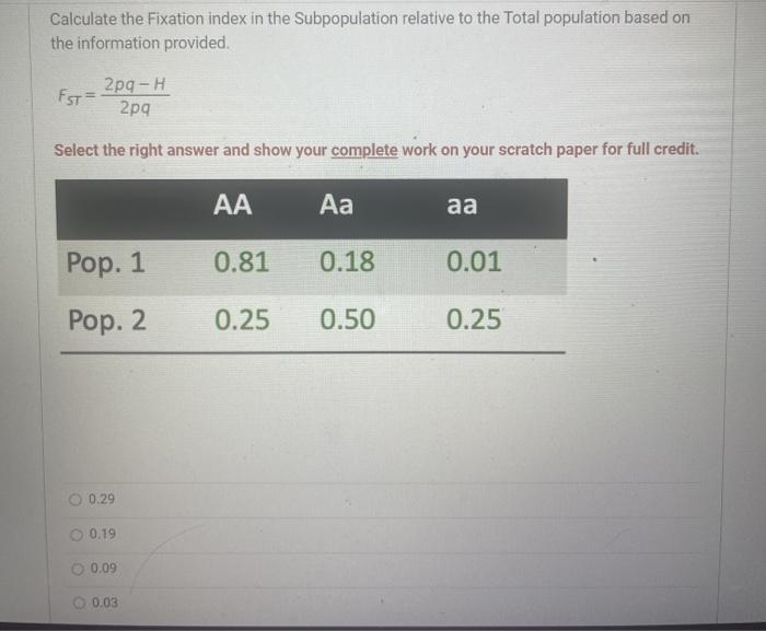 Solved Calculate the Fixation index in the Subpopulation | Chegg.com