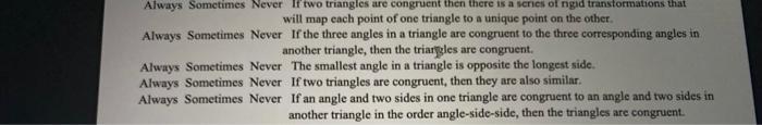 Solved Always Sometimes Never If two triangles are congruent | Chegg.com