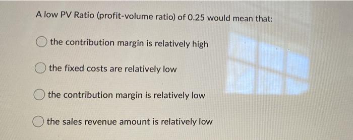 Solved A low PV Ratio (profit-volume ratio) of 0.25 would | Chegg.com