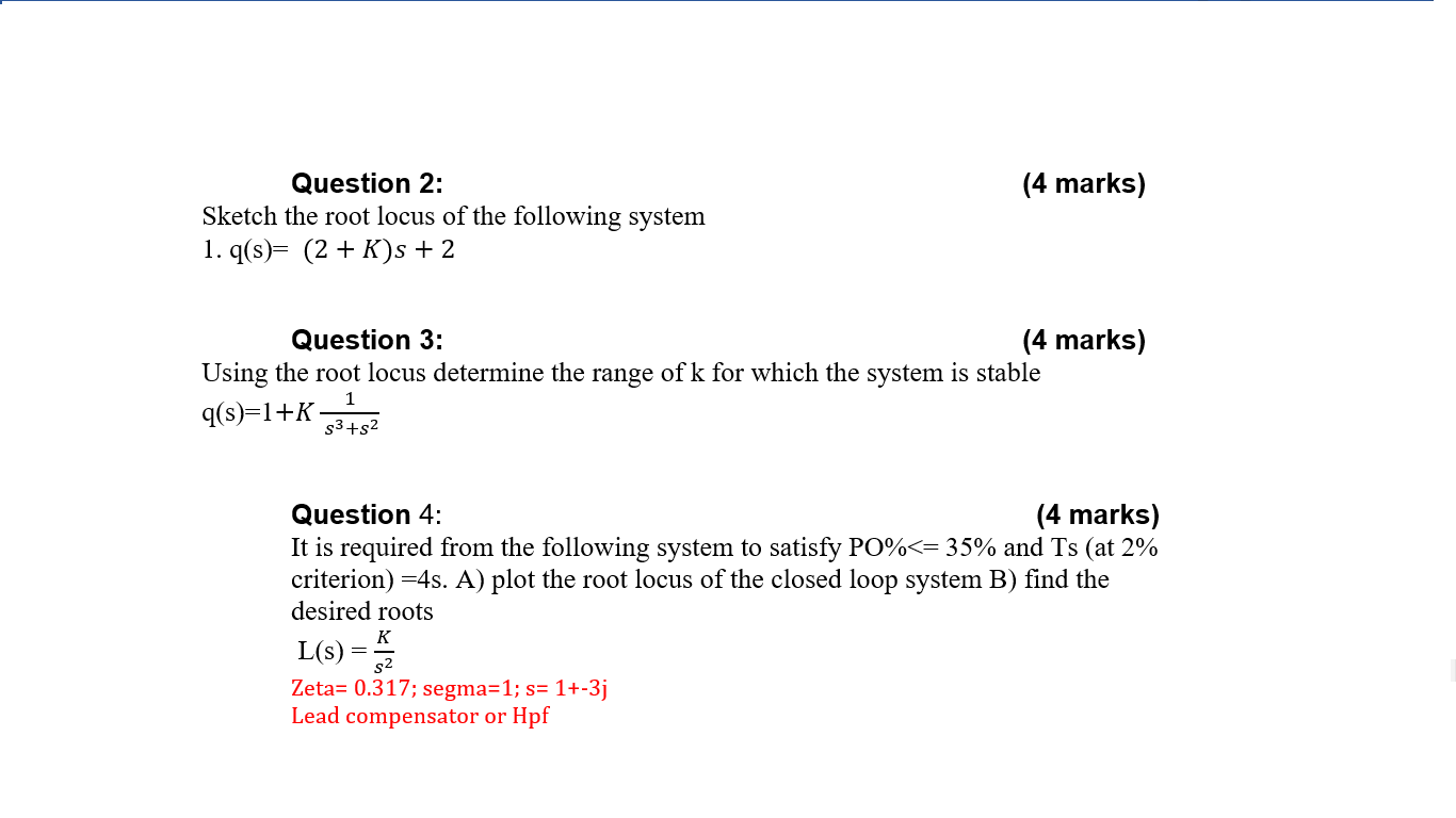 Solved Question 2:(4 ﻿marks)Sketch the root locus of the | Chegg.com