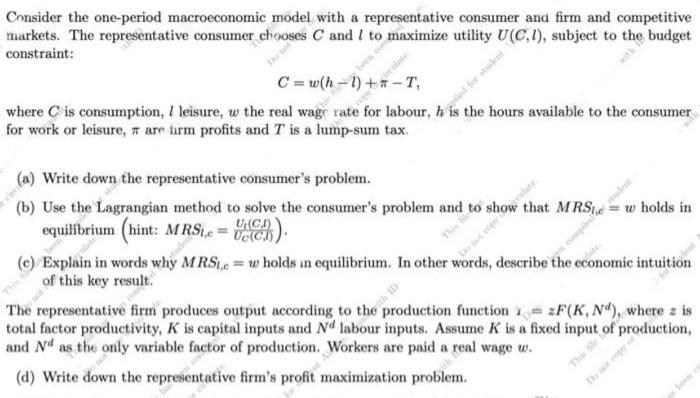 Consider the one-period macroeconomic model with a | Chegg.com