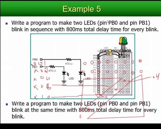 Solved Example 5 Write a program to make two LEDs (pin PBO | Chegg.com