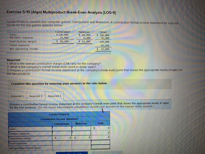 Solved Exercise 5-10 (Algo) Multiproduct Break-Even Analysis | Chegg.com