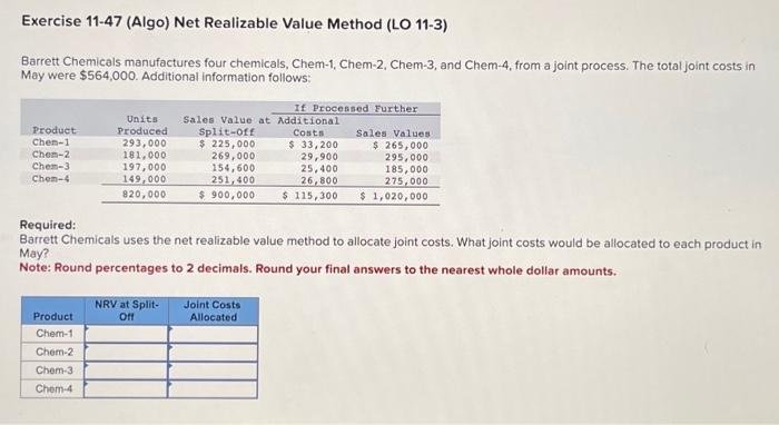 Solved Exercise 11-47 (Algo) Net Realizable Value Method (LO | Chegg.com