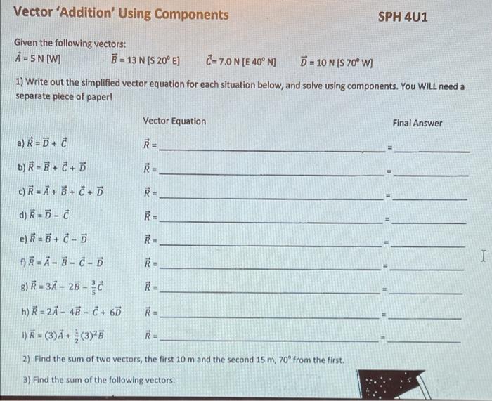 Solved Vector 'Addition' Using Components SPH 401 Given the | Chegg.com