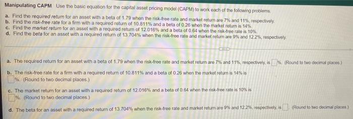 Solved Manipulating CAPM Use the basic equation for the | Chegg.com