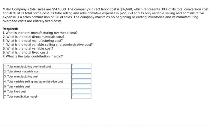 Solved Miller Company's total sales are $147,000. The | Chegg.com Solved Miller Company's total sales are $147,000. The | Chegg.com