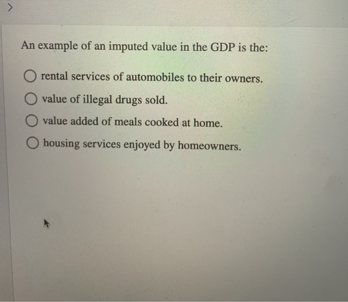 Solved > An example of an imputed value in the GDP is the: | Chegg.com